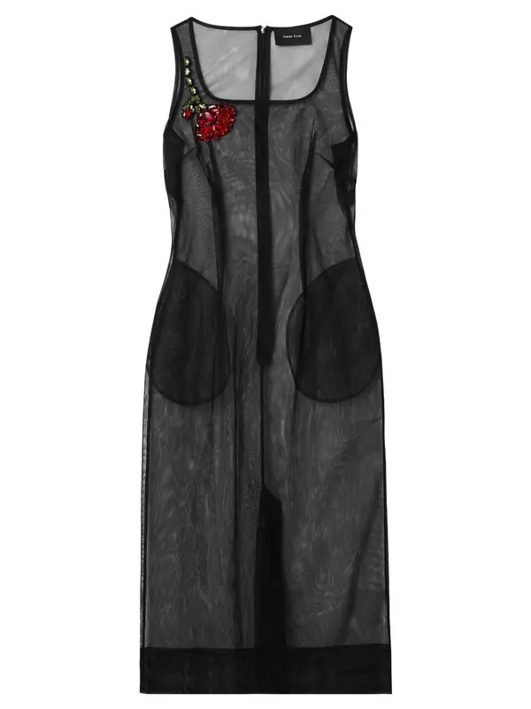 Simone Rocha Crystal Embellished Mesh Midi Dress - Black