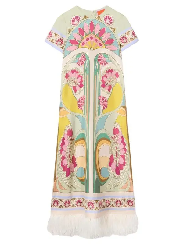 La DoubleJ Feather-trim Printed Short-sleeve Dress - Nude