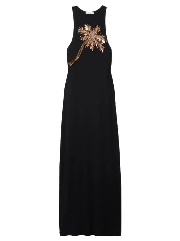 Rabanne Knit Maxi Dress With Embellished Palm Tree - Black