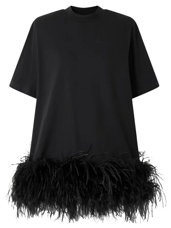 Attico Feather-trimmed Cotton-jersey Mini Dress - Black
