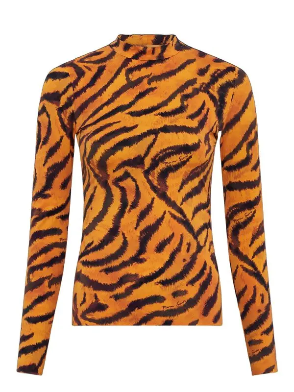 MARINE SERRE Tiger Print High Neck Long Sleeve Top - Orange