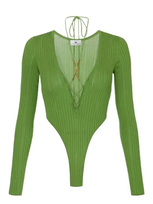 Elisabetta Franchi Ribbed V-neck Bodysuit With Gold-plated Jewel Detail - Aloe