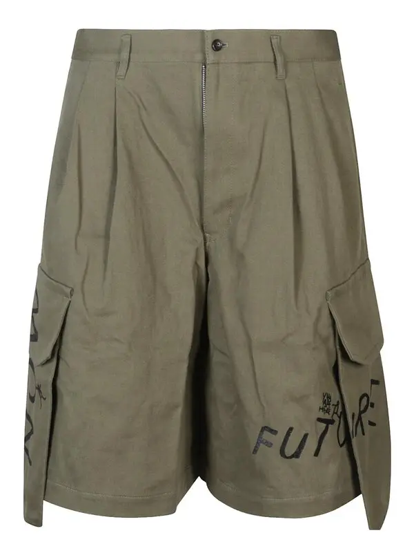 Comme Des Garçons Wide Leg Cargo Shorts With Graphic Print - Green