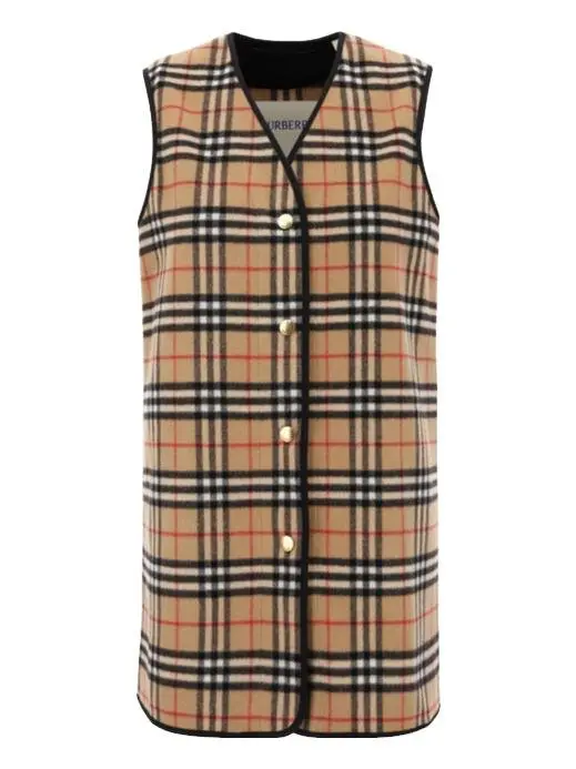 Burberry Plaid Sleeveless V-neck Jacket With Gold Buttons - Nude