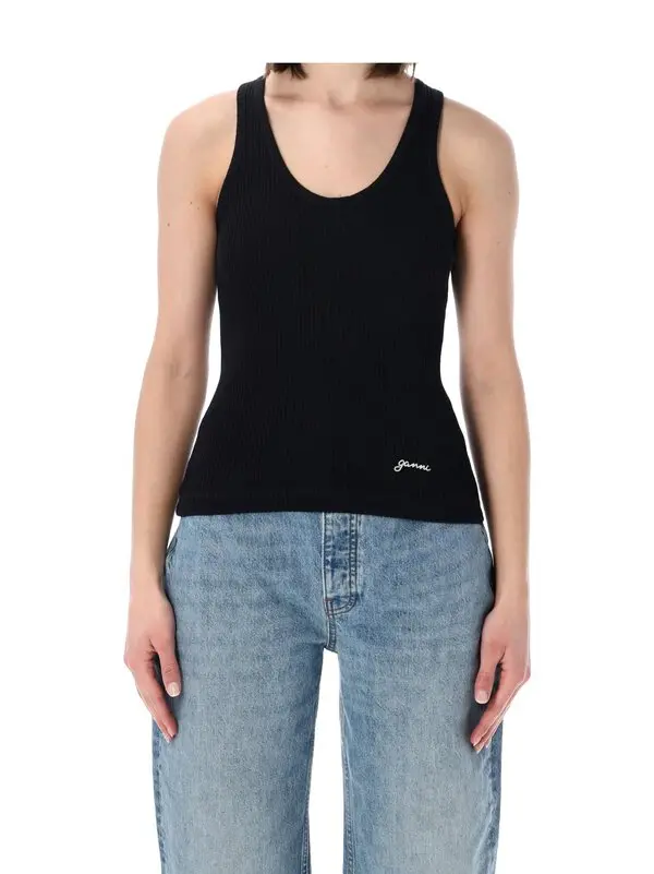 GANNI Ribbed Crewneck Tank Top - Black