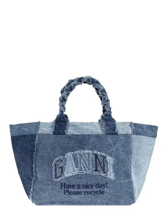 GANNI Patchwork Frayed-edge Denim Tote Bag - Navy Blue