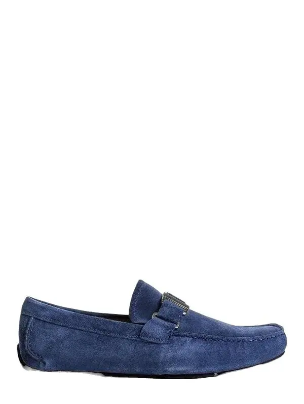FERRAGAMO Suede Metal Buckle Loafers - Blue