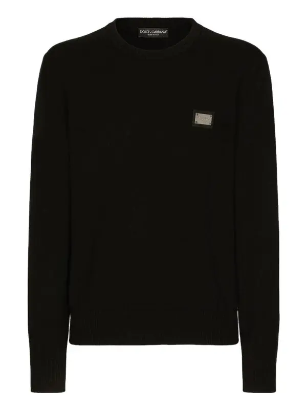 Dolce & Gabbana Crewneck Knitted Jumper With Logo Plaque - Black
