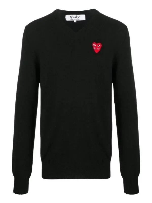 Play Comme Des Garcon Comme Des Garçons Play V-neck Knit Jumper With Heart Appliqu - Black