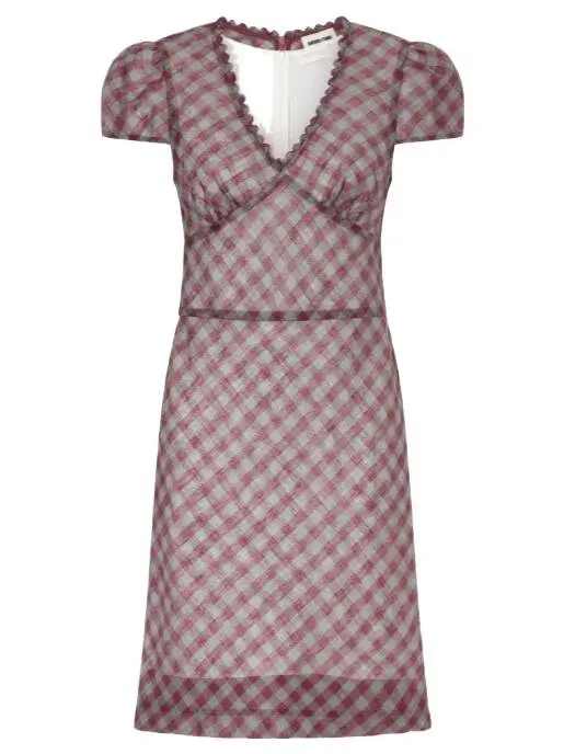 SHUSHU/TONG Plaid Sweetheart Neckline Short Sleeve Dress - Gray