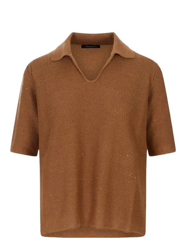 Fabiana Filippi Short-sleeved Knitted Polo Shirt With Glitter Embellishments - Brown