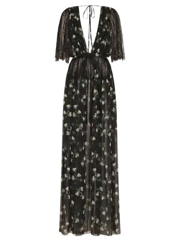 Dolce & Gabbana Floral Lace Trimmed V-neck Maxi Dress - Black