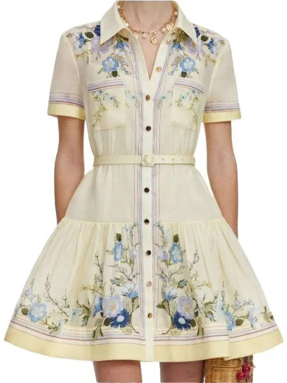 SELF-PORTRAIT Floral-print Belted Shirt Dress - Yellow