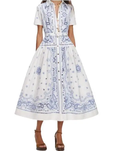 SELF-PORTRAIT Paisley-print Belted Shirt Dress - White And Blue