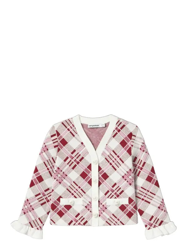 SELF-PORTRAIT Long-sleeved Knitted Cardigan With Ruffle Cuffs - Burgundy Red