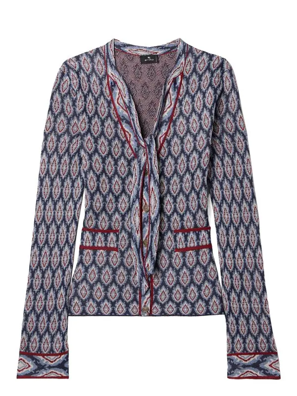 Etro Jacquard-knit Tie-neck Cardigan - Gray