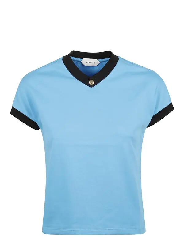 Versace V-neck T-shirt With Gold Emblem - Blue