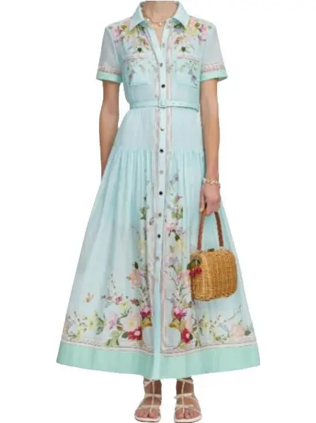 SELF-PORTRAIT Mint Floral Organza Midi Dress - Mint Green