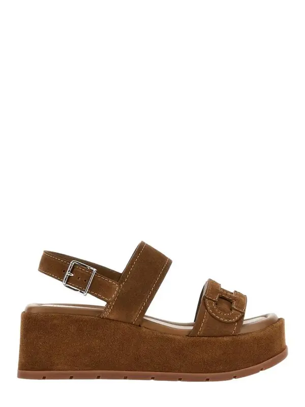 Hogan Suede Embossed H Buckle Strap Wedge Sandals - Brown