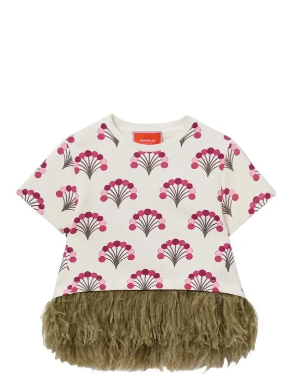 La DoubleJ Floral Print Cropped T-shirt With Feather Trim - White