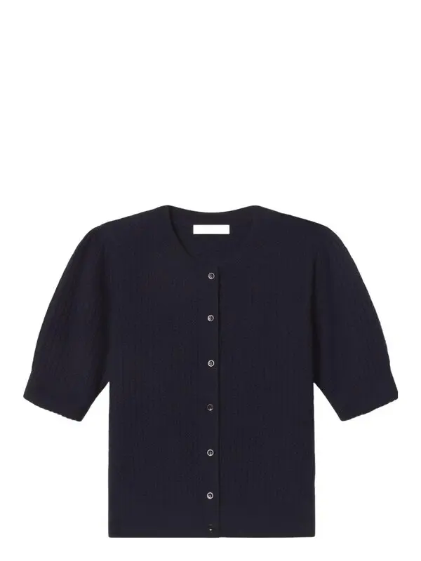 FRAME Short Sleeve Crewneck Cardigan With Pleated Shoulders - Navy Blue