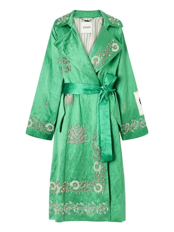 Erdem Crystal-embellished Textured Satin Wrap Coat - Green