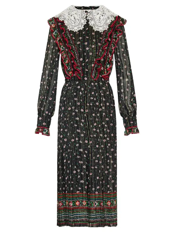 Valentino Garavani Floral-print Midi Dress With Lace Trim - Black/multicolor