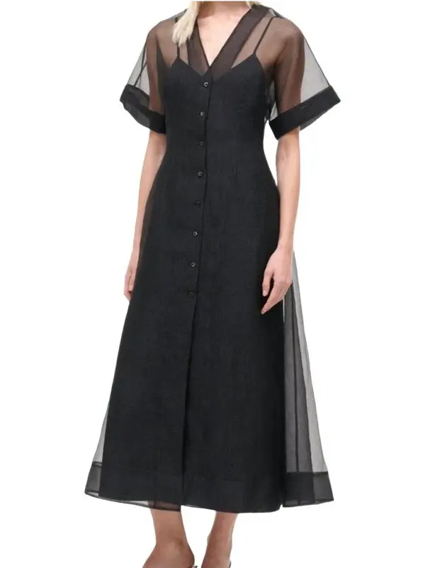 Staud Short Sleeve V-neck Button Front Dress - Black