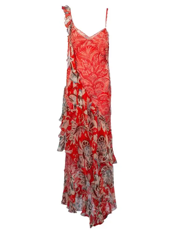 Etro Draped Asymmetric Ruffled Floral Paisley Print Silk Maxi Dress - Red