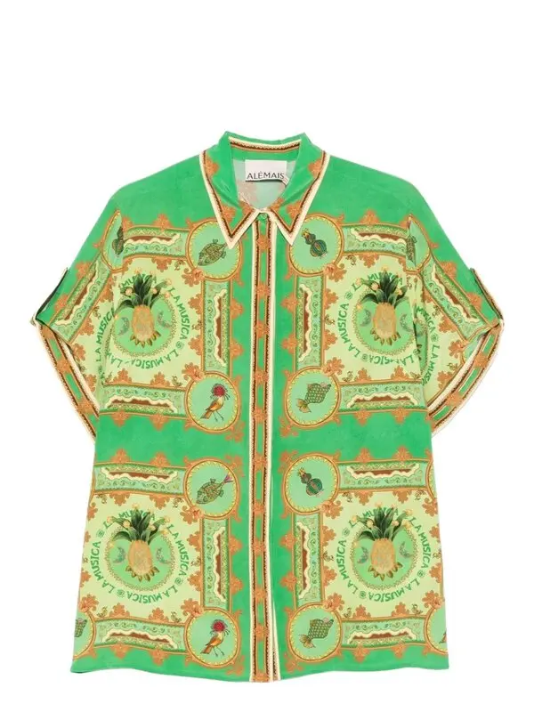 ALEMAIS Lapel Collar Short-sleeve Printed Shirt - Grass Green