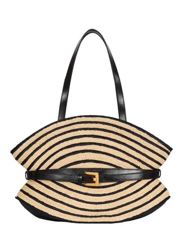 Balmain Medium Shuffle Bag In Smooth Leather And Two-tone Raffia - Beige