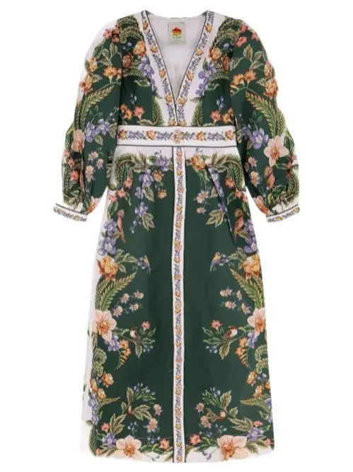 Farm Rio Long Sleeve Floral Print Maxi Dress - Green