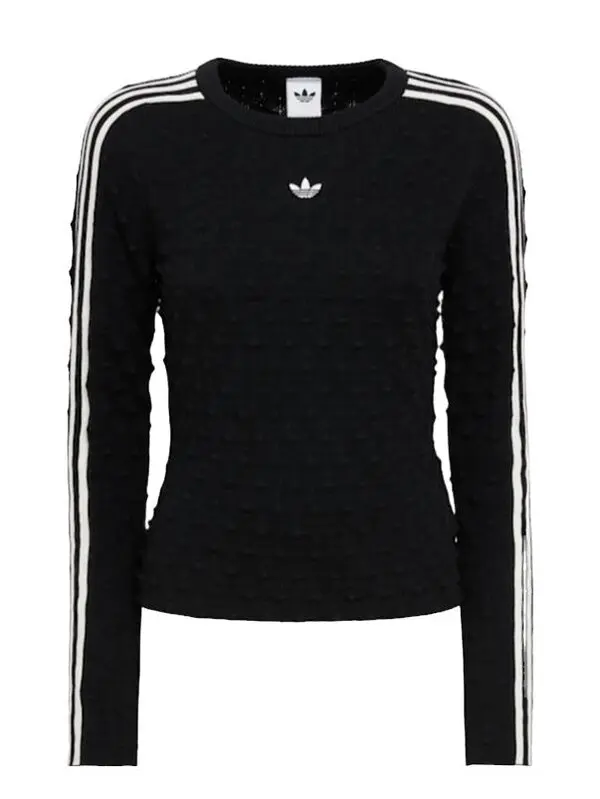 ADIDAS ORIGINALS Textured Knit Top With Signature Stripes - Black