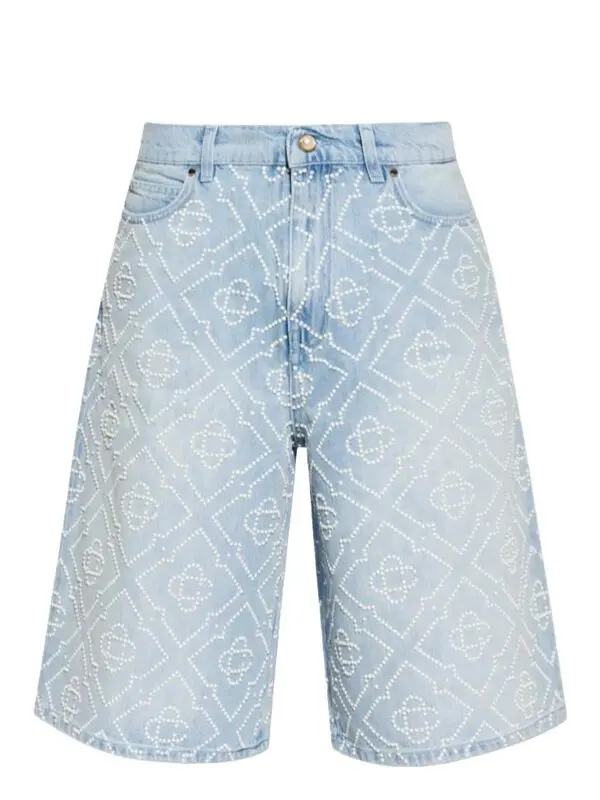 Casablanca Monogram Beaded Denim Shorts - Light Blue