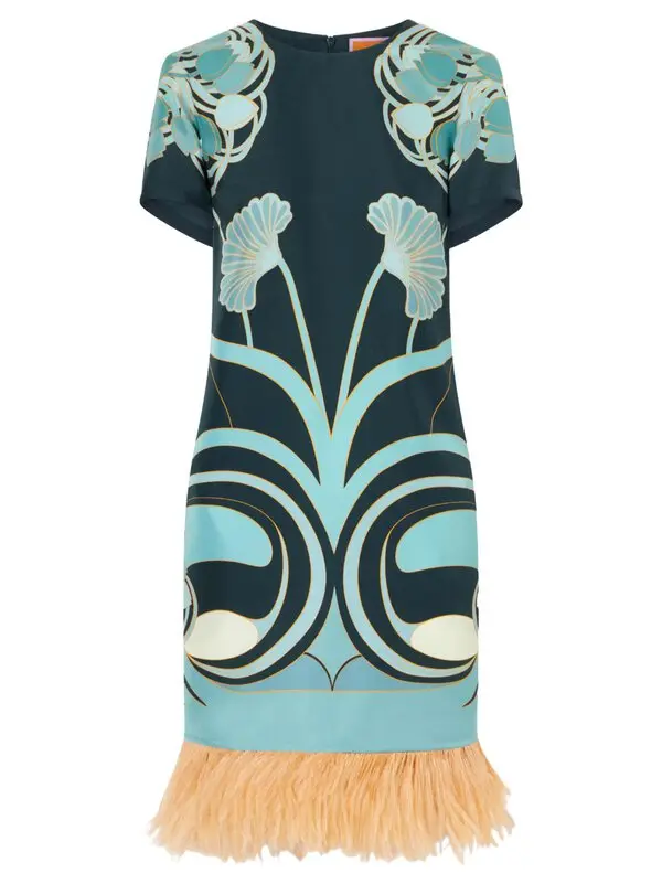 La DoubleJ Printed Feather Trim Short Sleeve Dress - Green