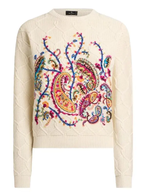 Etro Cotton-blend Sweater With Floral Paisley Embroidery - Light Brown