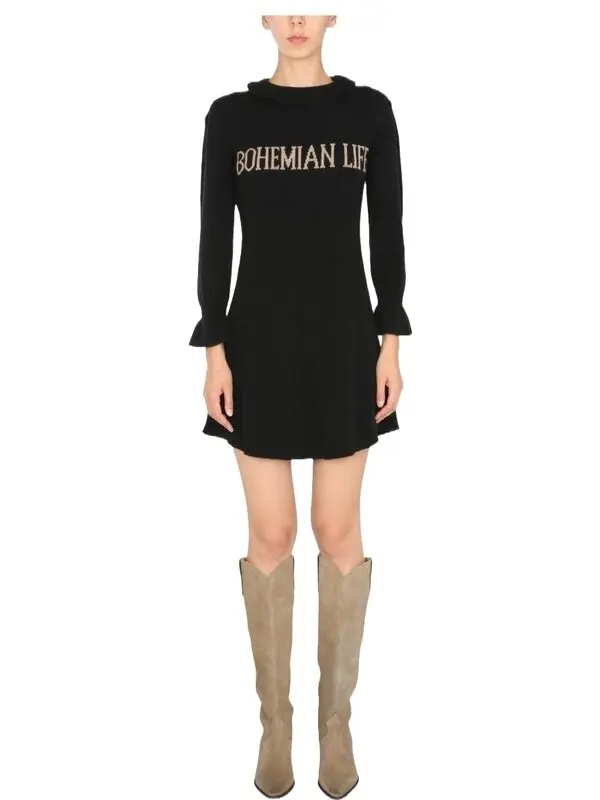 Alberta Ferretti Ruffled Neck Mini Flared Dress - Black