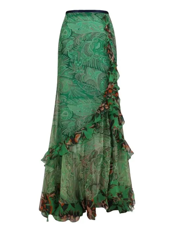 Etro Paisley Printed Ruffled Maxi Skirt - Green