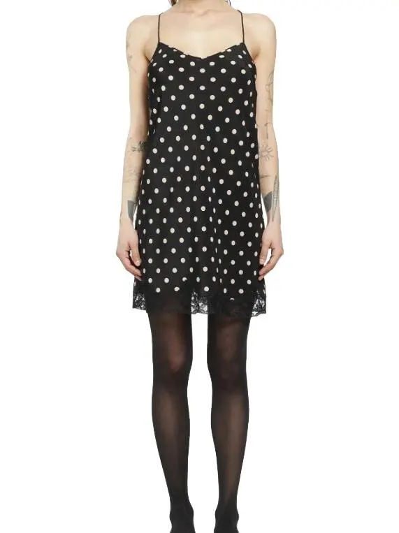 Saint Laurent Polka Dot Lace Trim Sundress - Black