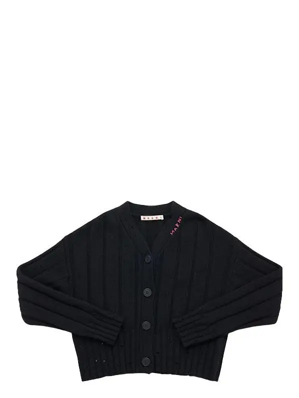 Marni Ribbed Knit Cardigan With Embroidered Logo - Black