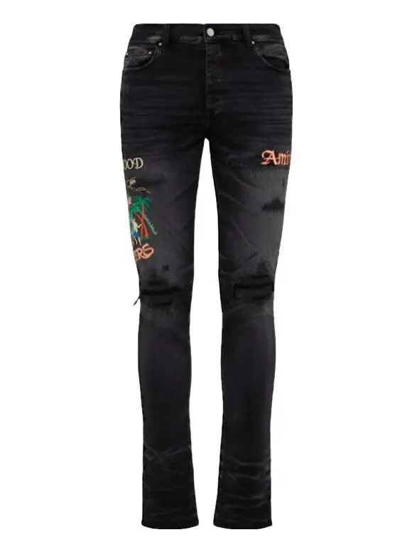 Amiri Skinny Jeans With Embroidery And Distressing - Black