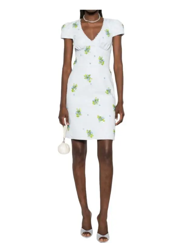 SHUSHU/TONG Short Sleeve Floral Embroidered V-neck Dress - White
