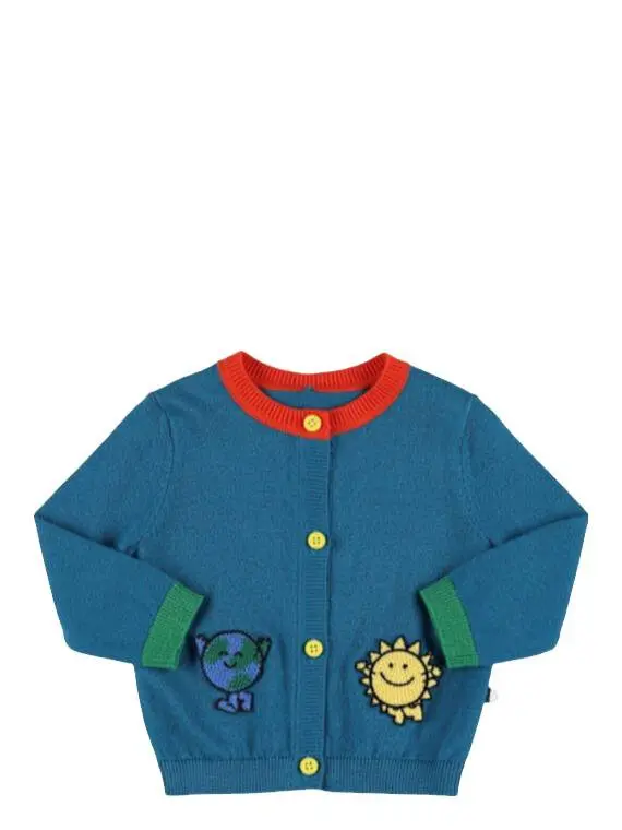 Stella McCartney Cotton Wool Knit Cardigan With Embroidered Patches - Blue