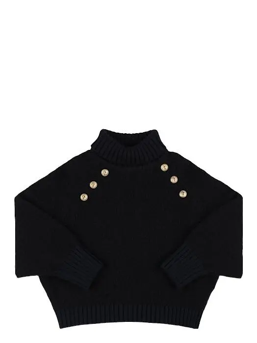Balmain Wool Blend Knit Turtleneck Sweater With Button Detail - Black