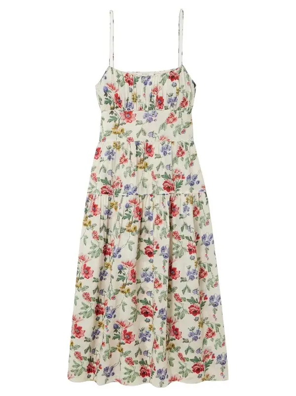 DÔEN Benoit Gathered Floral-print Ramie Midi Dress - Ivory Wild Rose