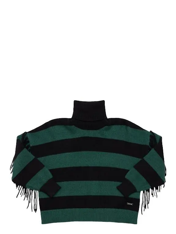 Monnalisa Viscose Blend Knit Turtleneck Sweater With Fringed Sleeves - Black