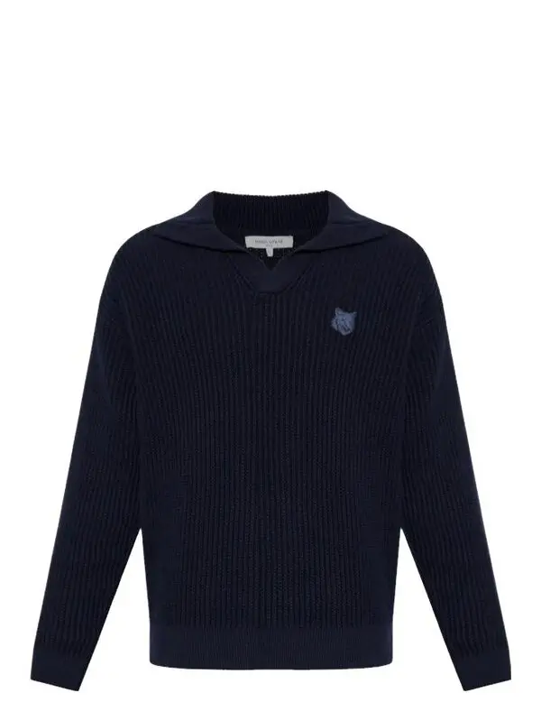 Maison Kitsuné Long Sleeve V-neck Sweater With Fox Head Embroidery - Black