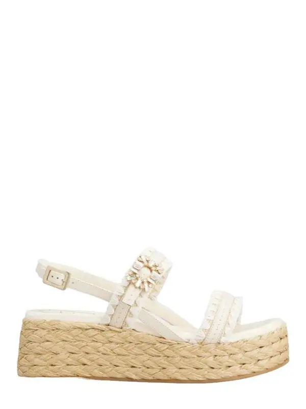 ROGER VIVIER Raffia Wedge Sandals With Crystal Buckle - White