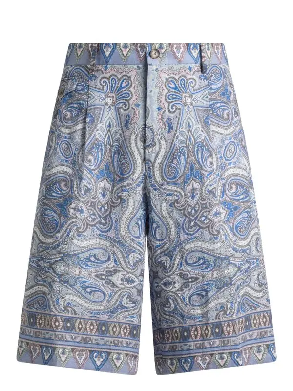 Etro Linen Shorts With Placed Pocket-square Paisley Print - Gray