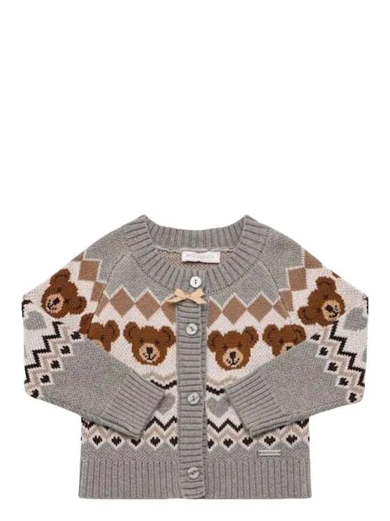 Monnalisa Jacquard Knit Cardigan With Teddy Bear Motif - Gray